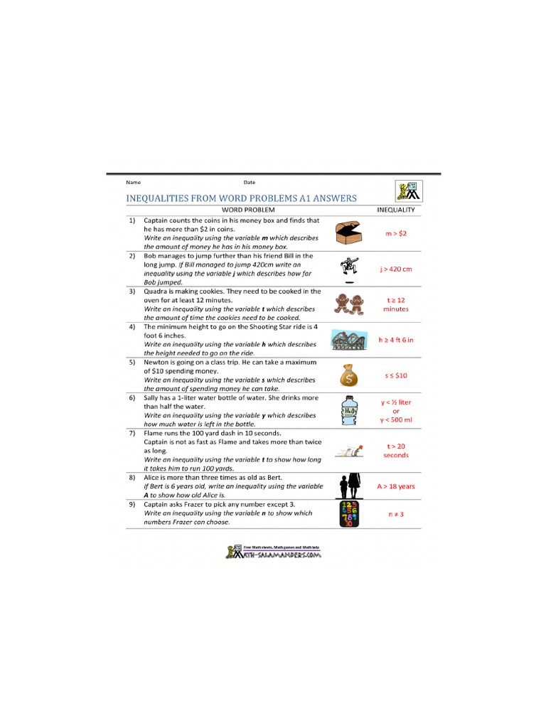 Inequalities From Word Problems A1 Ans | PDF