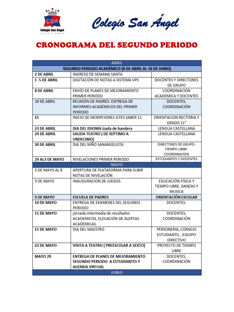 Cronograma Segundo Periodo 2024 | PDF