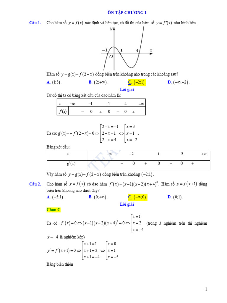 Dap An On Tap Chuong 1 Ham So 12 | PDF