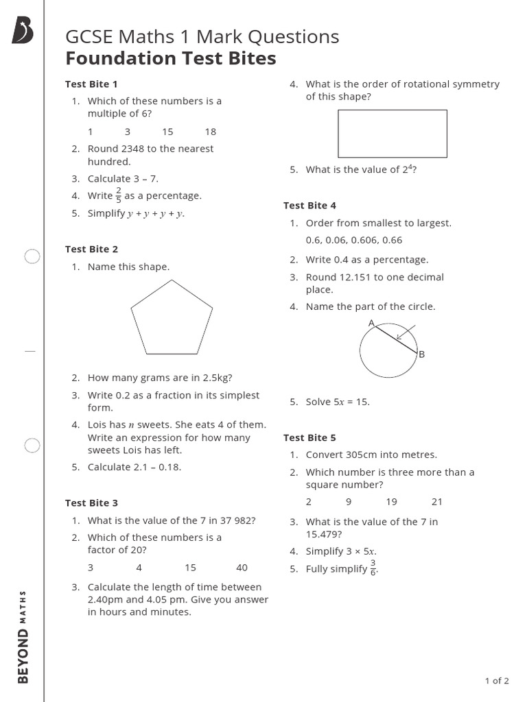 GCSE Maths 1 Mark Questions - Foundation Test Bites (Full) | PDF ...