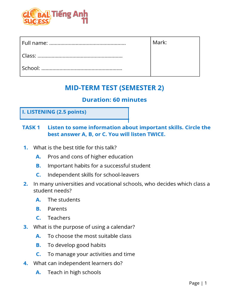 Mid-Term Test 2 | PDF | Teachers | Learning