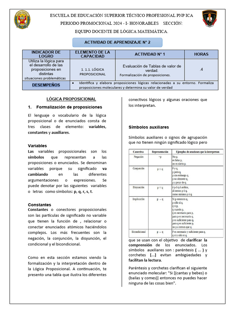 FICHA DE APRENDIZAJE N° 02 LOGICA (1) | PDF | Proposición | Metalogica