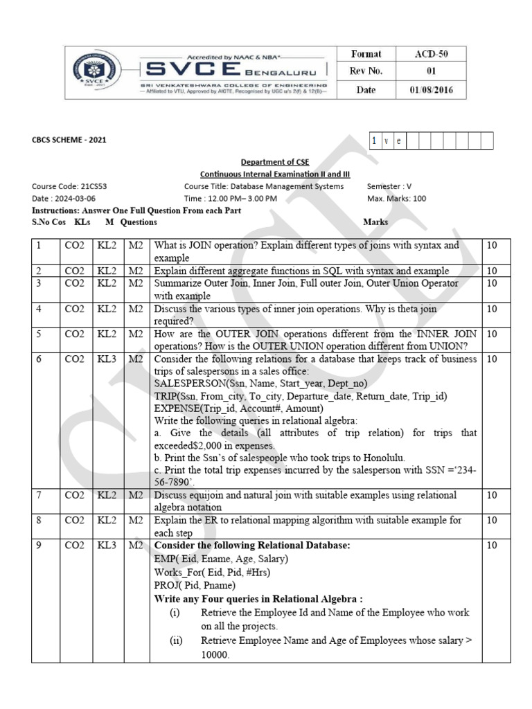 DBMS 21CS53 QB IA 2 - Updated | PDF | Database Transaction | Databases