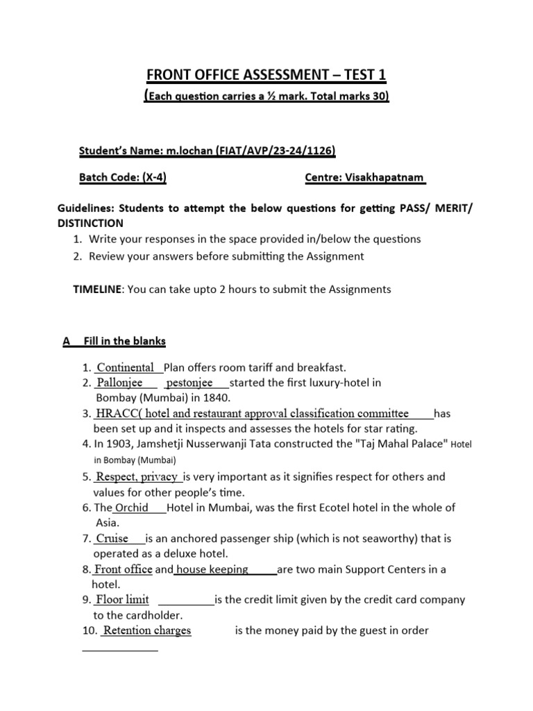 Front Office Assessment Test | PDF | Payments | Hotel