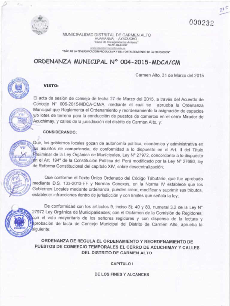 Ordenanza Municipal #004-2015. de Pago en Los Puestos Del Cerro Acuchimay | PDF