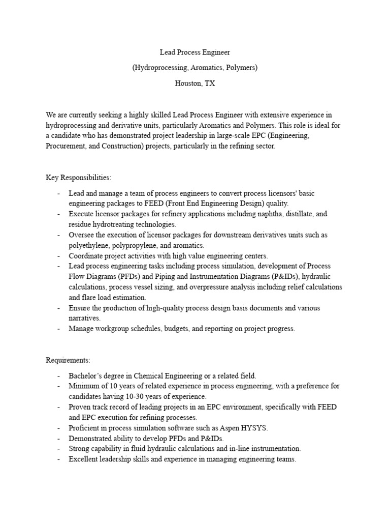 Lead Process Engineer - Hydroprocessing Role | PDF | Oil Refinery ...