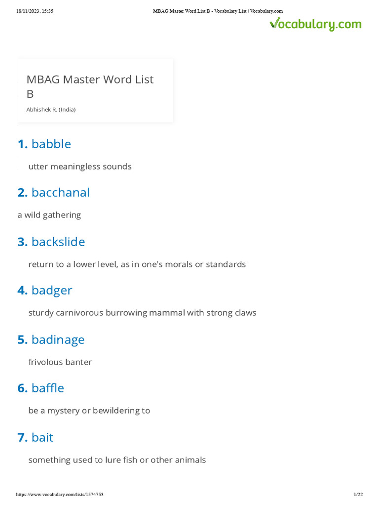 MBAG Master Word List B - Vocabulary List | PDF | English As A Second ...