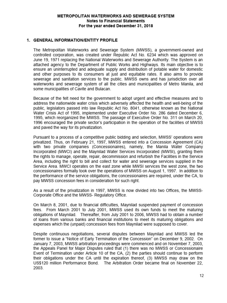 MWSS 2018 Financial Statement Notes | PDF | Historical Cost | Depreciation