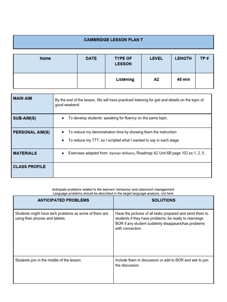 CELTA Lesson Plan: Listening | PDF | Second Language | Lesson Plan