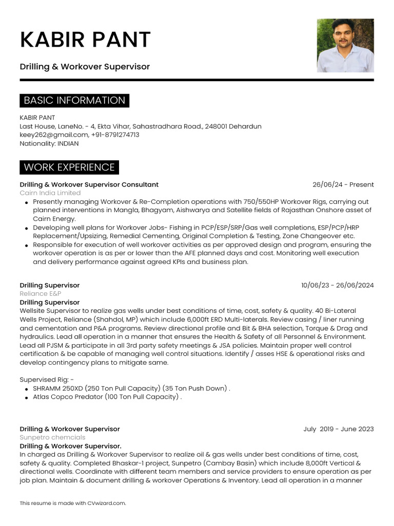 KABIR PANT CV July 2024 | PDF | Oil Well
