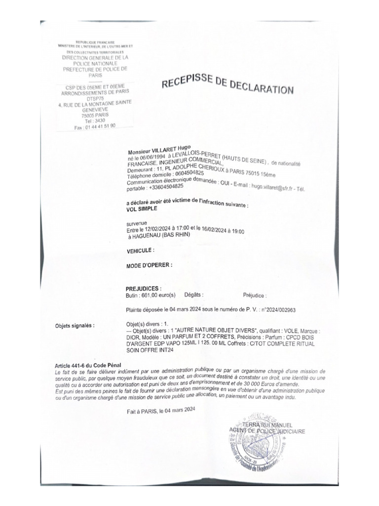 Recepisse-De-Declaration de Plainte | PDF