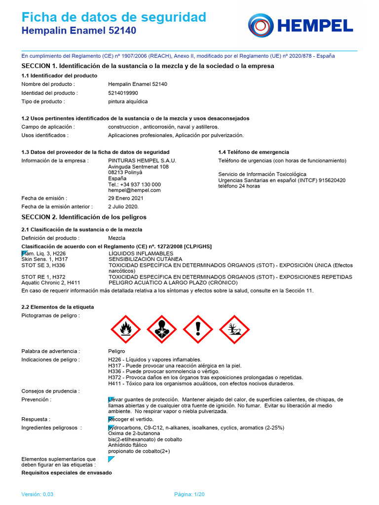 Hempalin Enamel 52140 MSDS | PDF | Residuos | Toxicidad