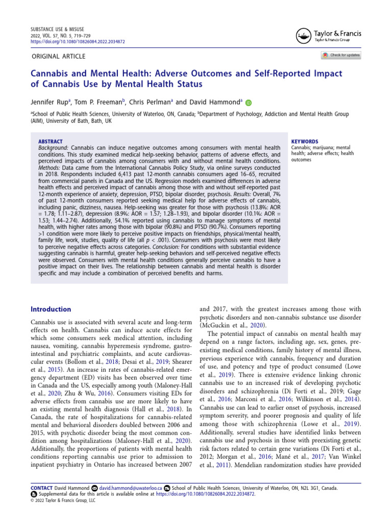 Cannabis and Mental Health: Adverse Outcomes and Self-Reported Impact ...