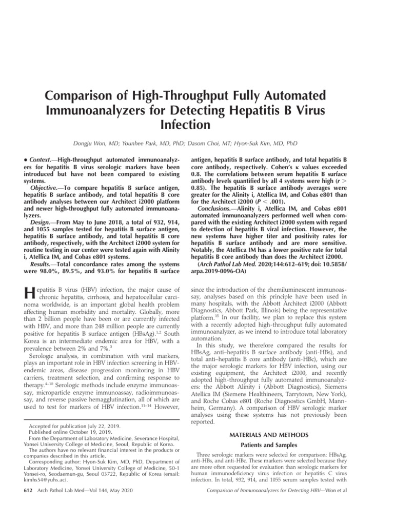 Comparison of High-Throughput Fully Automated Immunoanalyzers For Detecting Hepatitis B Virus ...