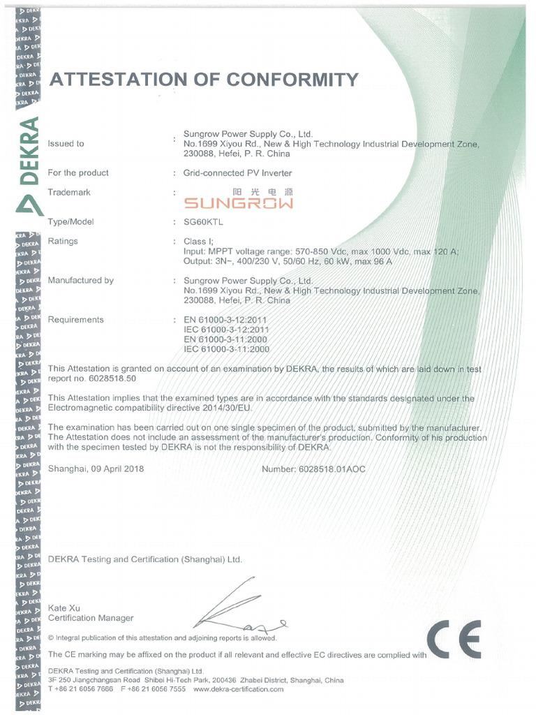 SG60KTL IEC 61000 3 11 - 12 Certificate | PDF