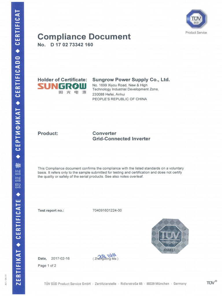 SG60KTL IEC 60068 - 61683 - 61727 - 62116 Certificate | PDF
