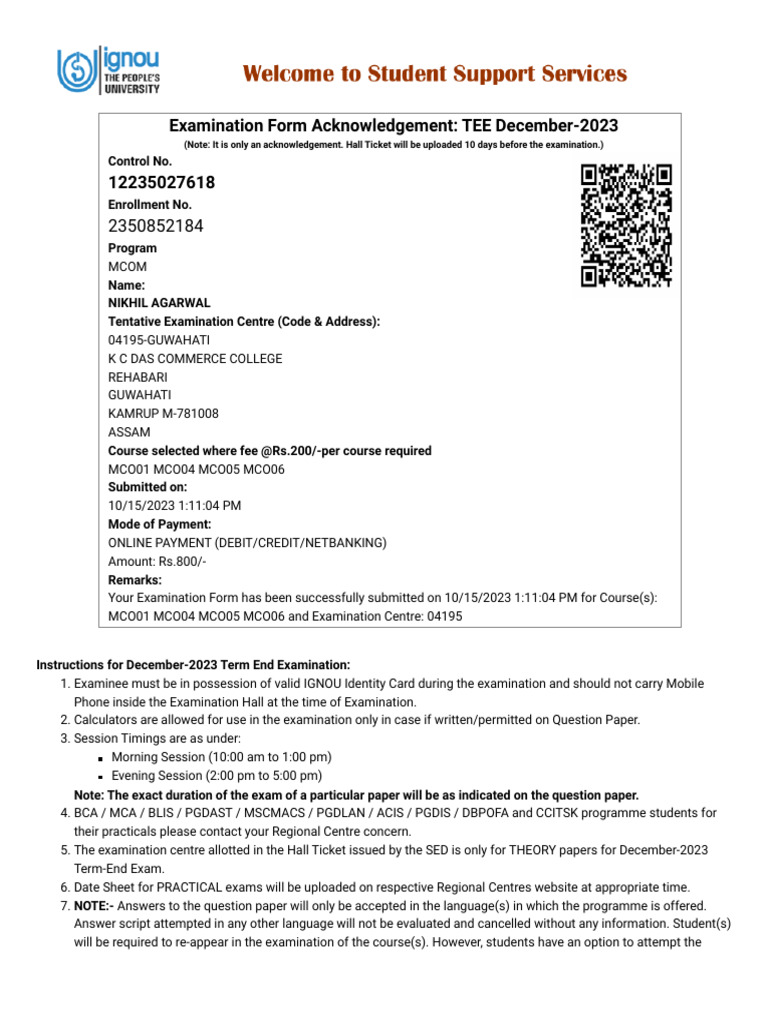 IGNOU - Examination Form Acknowledgement | PDF | Banking Technology ...