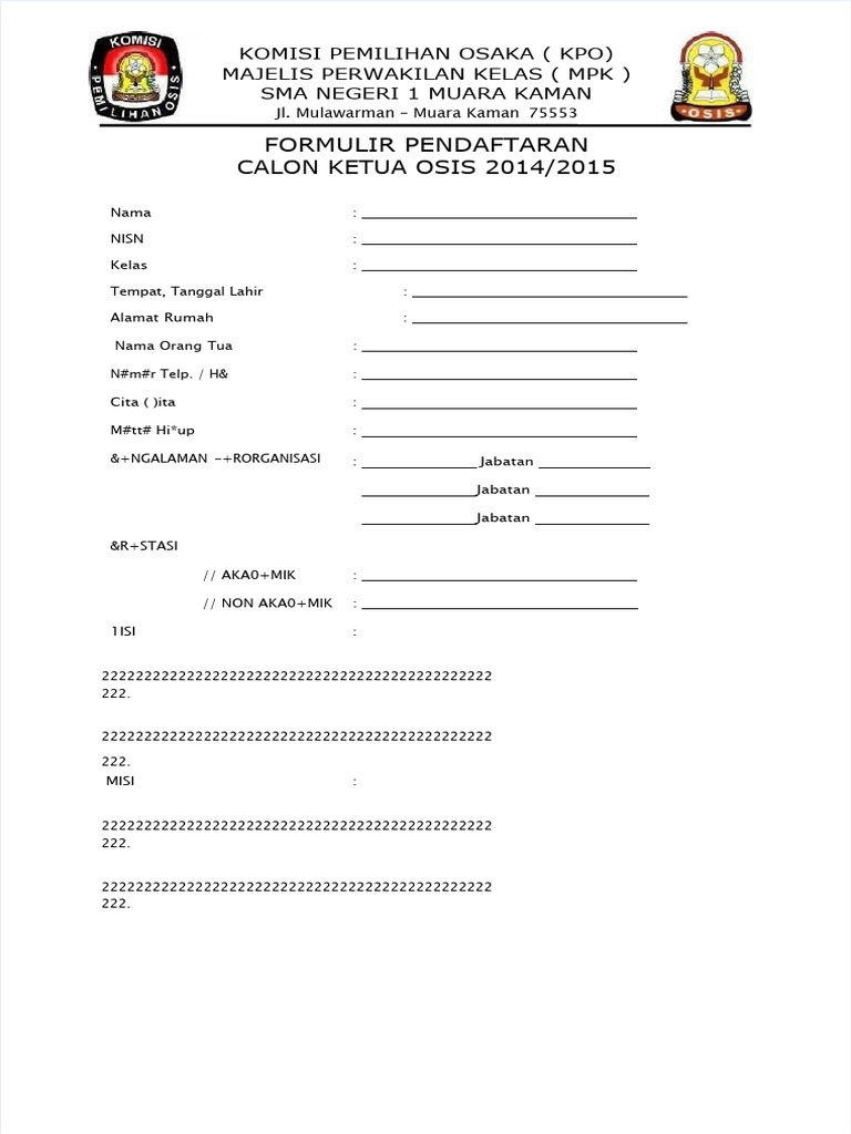 PDF Contoh Formulir Pendaftaran Ketua Osis | PDF
