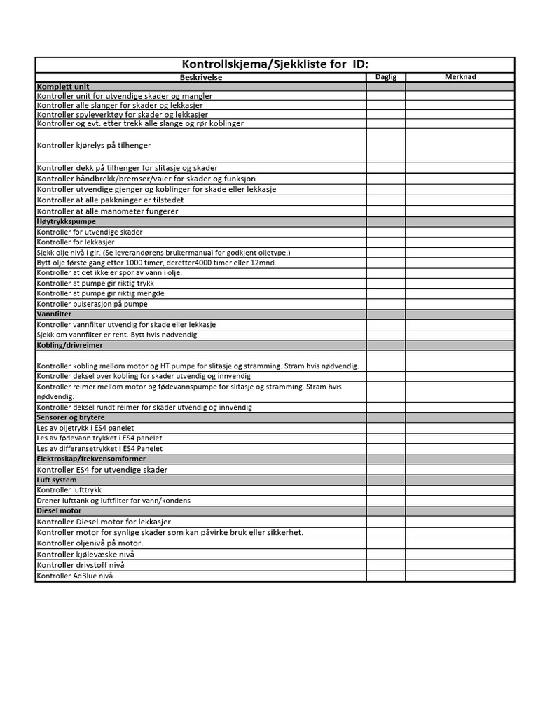 4.3 Daglig Kontrollskjema Vedlikehold-Aquajet | PDF