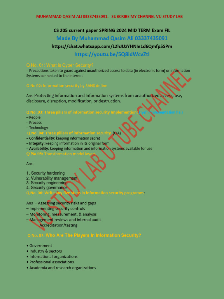 CS 205 MID 2024 by Qasim Ali Objective Subjective | PDF | Security ...