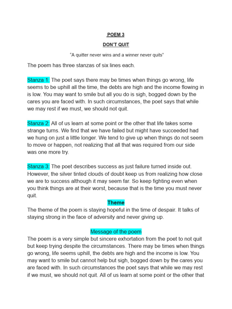Poem 3 - Don't Quit g8 | PDF | Poetry