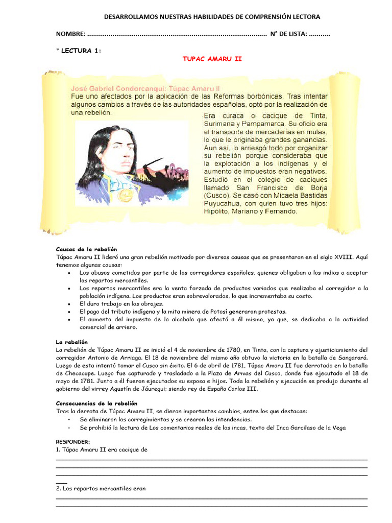Ficha Refuerzo Com. Leemos Sobre Tupac Amaru Ii | PDF | Colonización ...