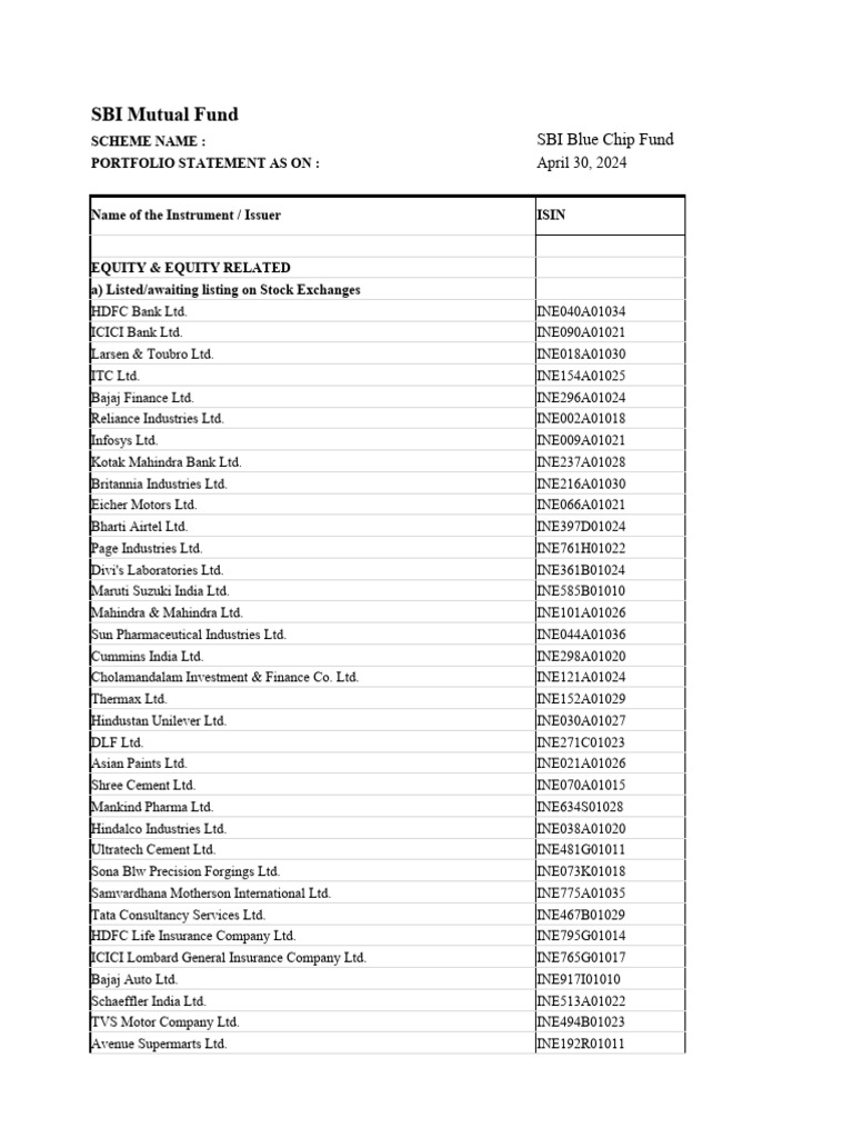 SBI Blue Chip Fund Portfolio April 2024 | PDF | Securities (Finance ...