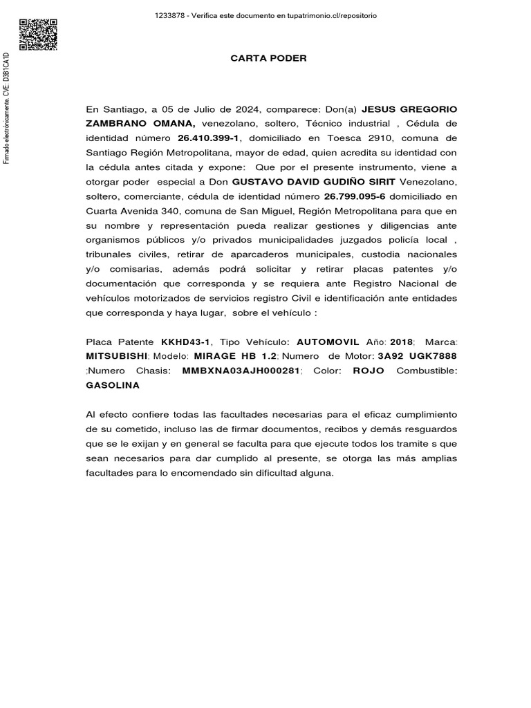 CARTA Listo 1 | PDF | Documento de identidad | Vehículos