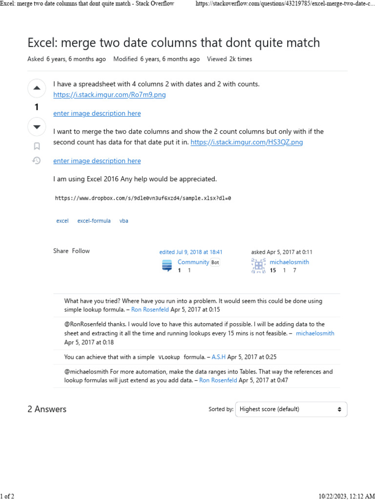 Excel Merge Two Date Columns That Dont Quite Match | PDF | Microsoft Excel | Information Retrieval