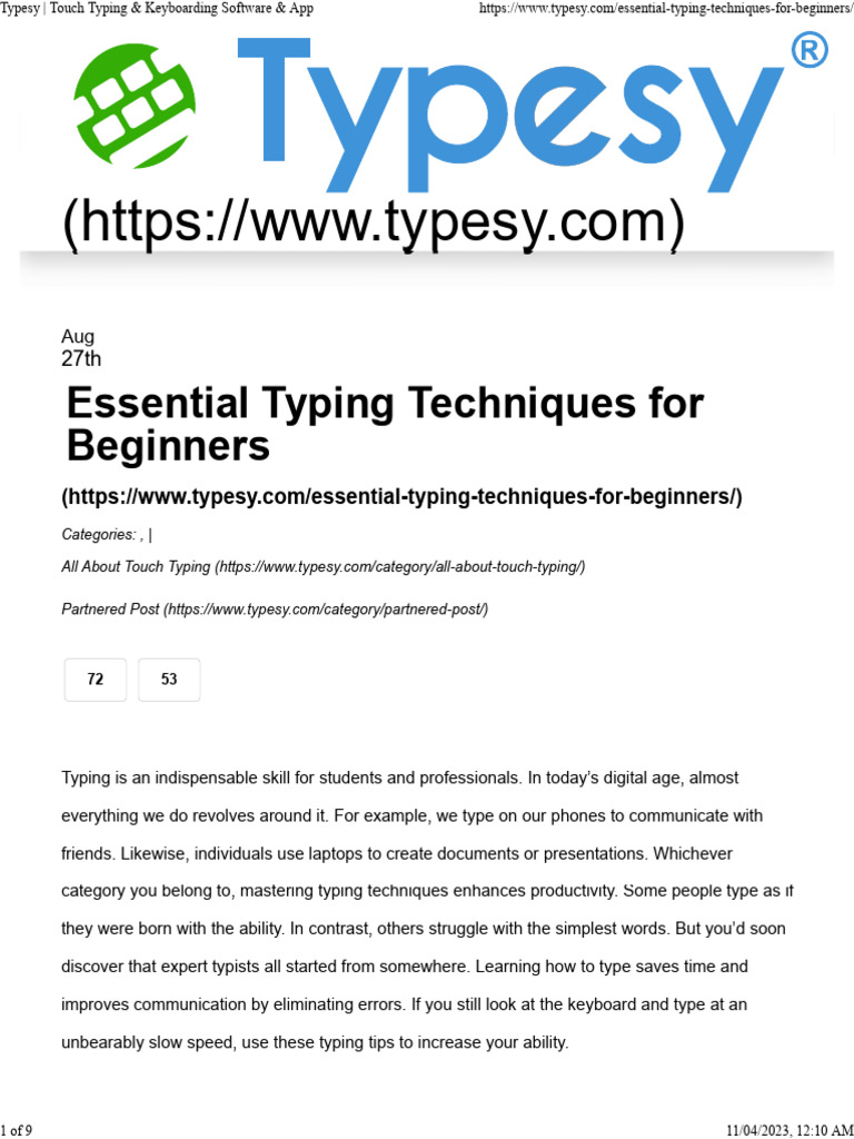 Essential Typing Techniques For Beginners | PDF | Computer Keyboard | Text