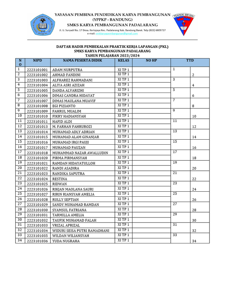 Daftar Hadir Pembekalan PKL Kelas Xi | PDF