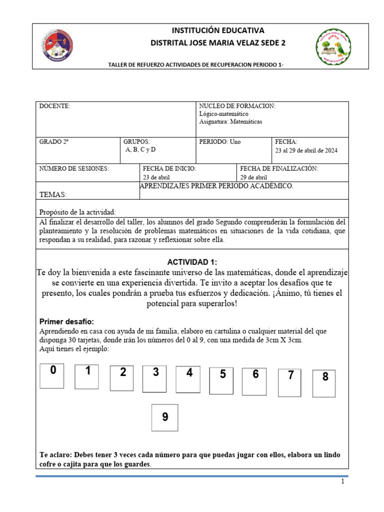 Taller de Recuperacion Matematicas Segundo Grado 2024 Periodo 1 PDF | PDF | Aritmética | Matemáticas