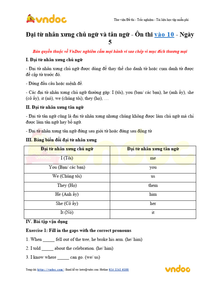 Dai Tu Nhan Xung Chu Ngu Va Tan Ngu on Thi Vao 10 Ngay 5 | PDF