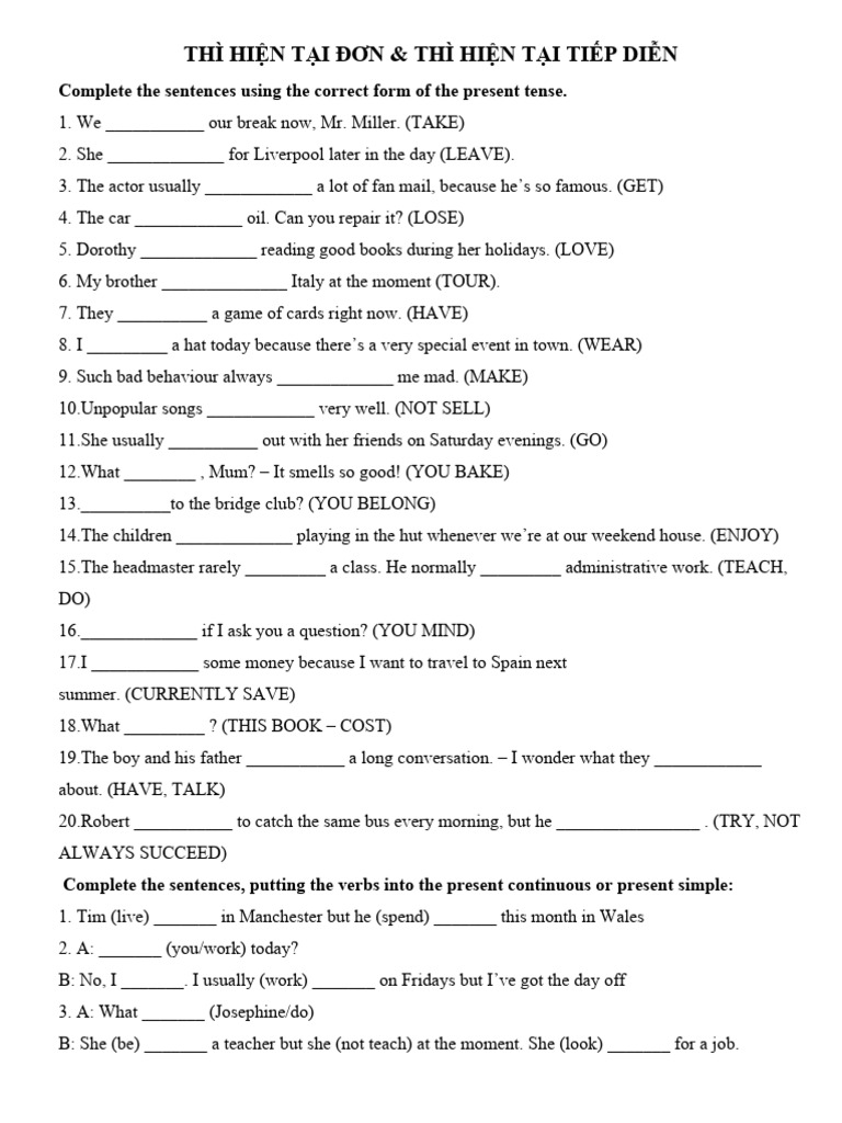 Bai Tap Thi Hien Tai Don Va Hien Tai Tiep Dien Lop 10 | PDF