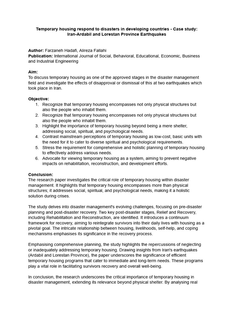 Temporary Housing Respond to Disasters in Developing Countries - Case Study_ Iran-Ardabil and ...