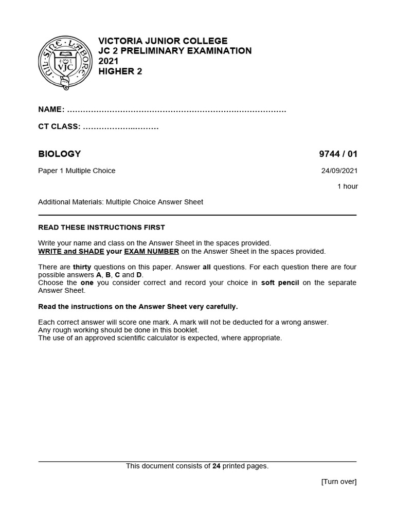 Victoria Junior College JC 2 Preliminary Examination 2021 Higher 2 ...