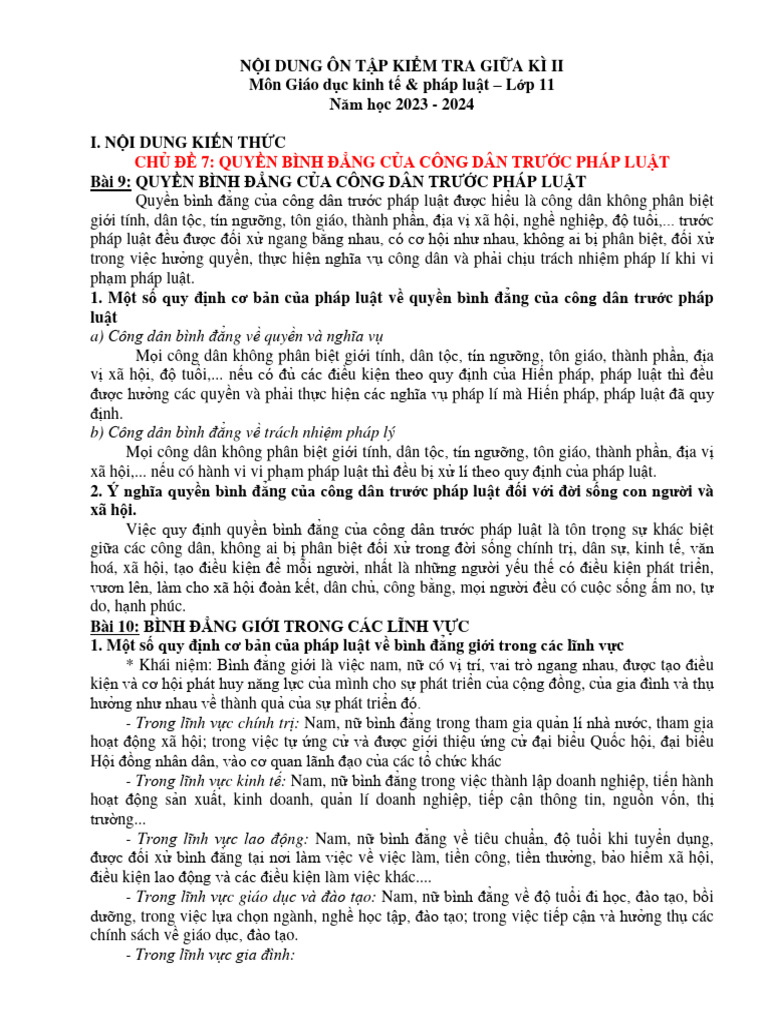 Đề cương GK2 GDKTPL 11 | PDF