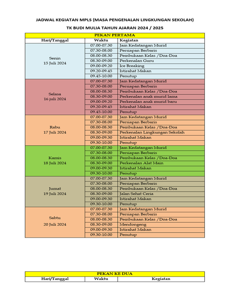 Jadwal Kegiatan MPLS 2024 | PDF