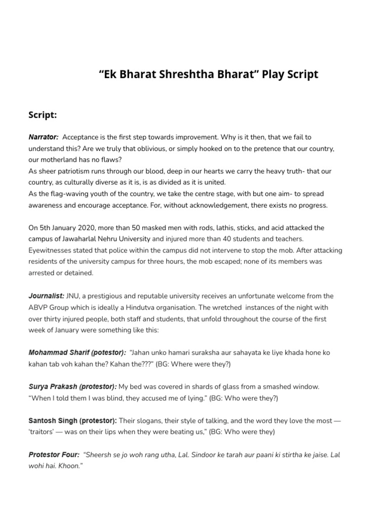 Ek Bharat Shreshtha Bharat Play Script | PDF | Religion & Spirituality
