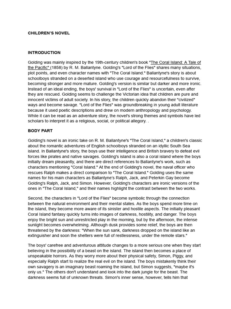 Golding's Ironic Take on Coral Island | PDF | Young Adult | Classics