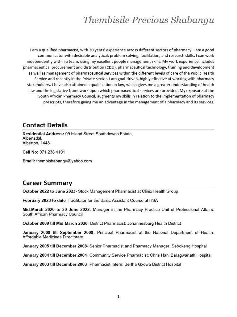 CV Thembi Updated Ekurhuleni | PDF | Pharmacy | Pharmacist