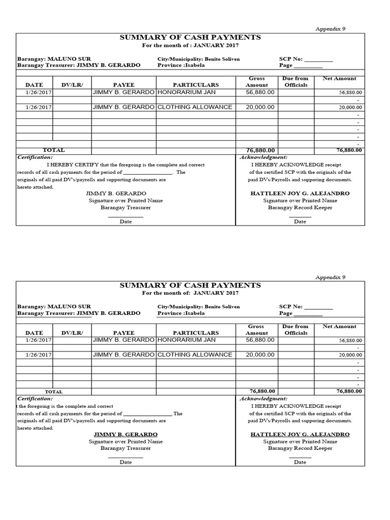Summary of Cash Payments | PDF | Payments | Receipt