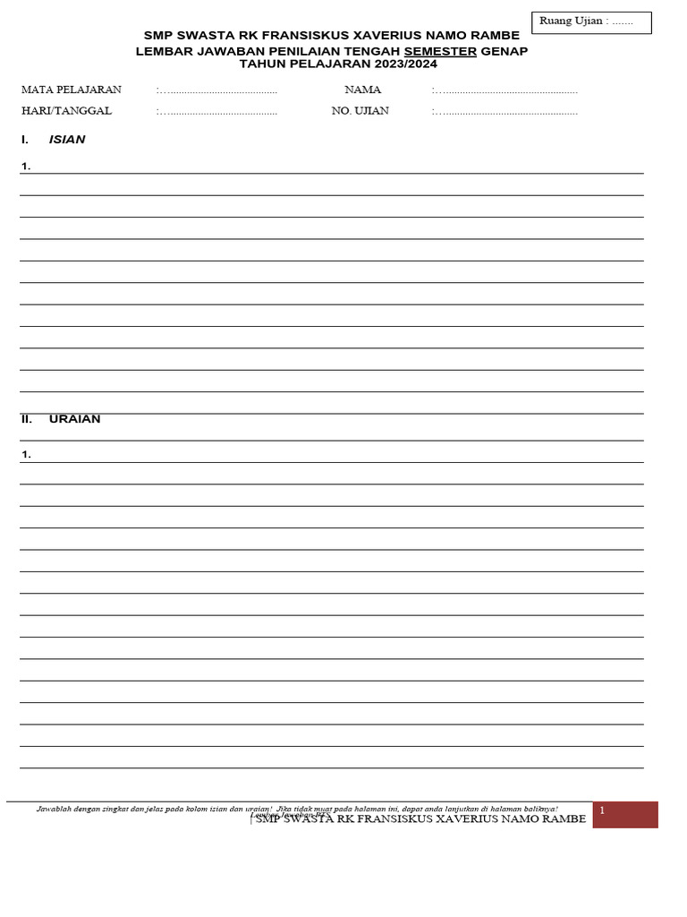 Lembar Jawaban Isian Dan Uraian PTS | PDF