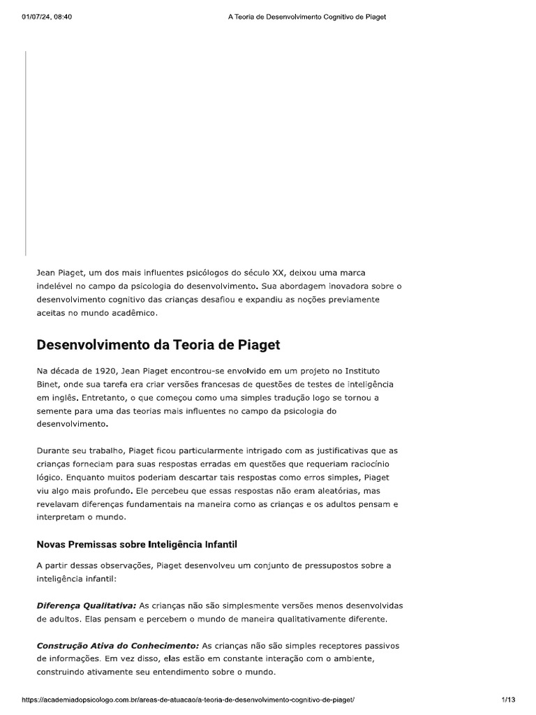 A Teoria Do Desenvolvimento Cognitivo de Piaget | PDF
