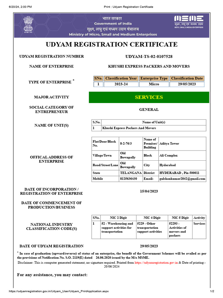 Khushi Express Packers MSME | PDF | Computing