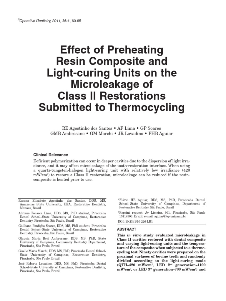 2011 Effect Of Preheating Resin Composite And Light Curing Units On The Microleakage Of Class Ii