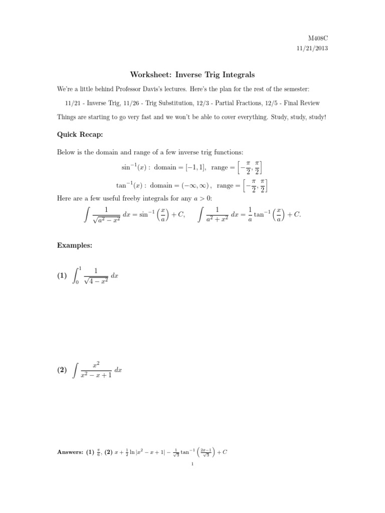 Week12 InverseTrigIntegrals Worksheet F13 Davis | PDF | Elementary ...