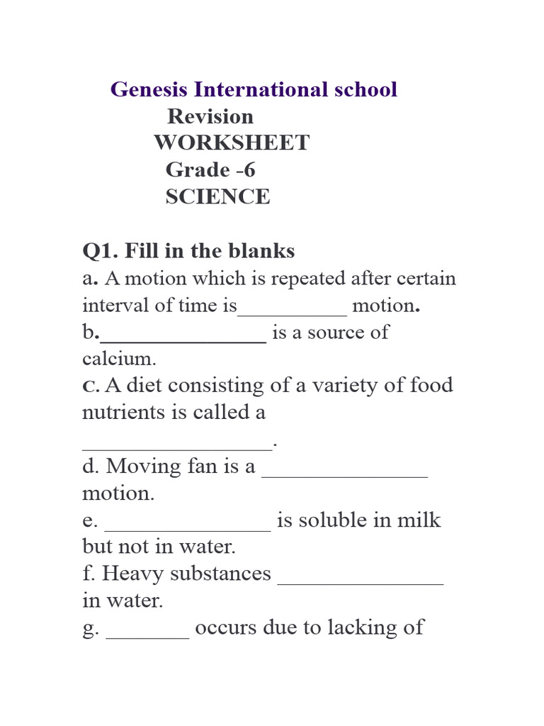 Revision Worksheet Science Class 6 | PDF
