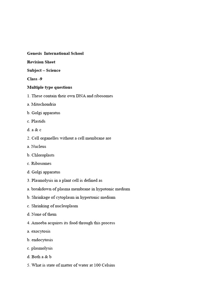 Revision Sheet 9 Science | PDF