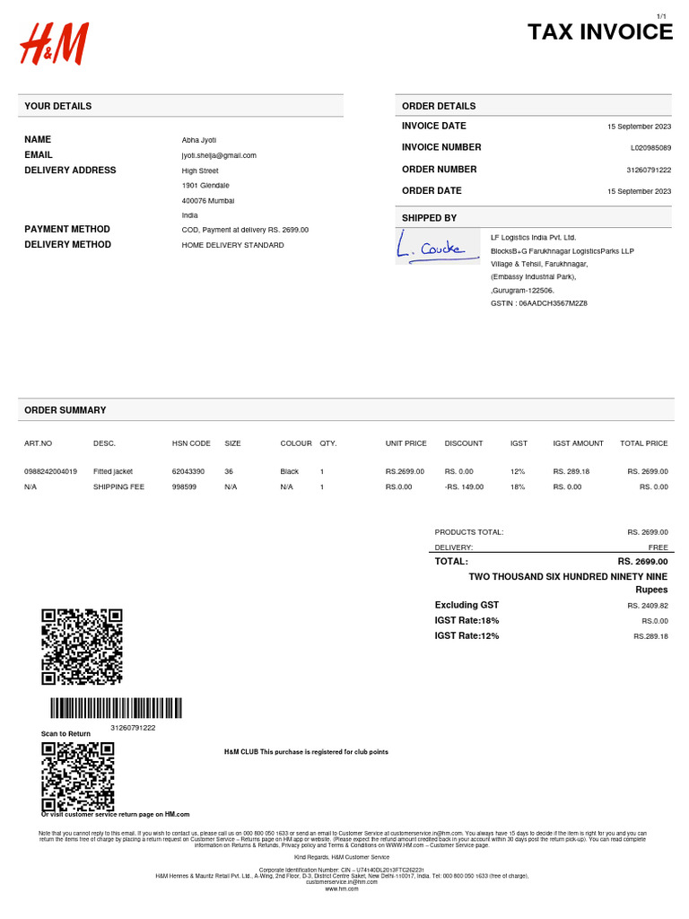 INR 2699 On 15-09-23 Uniform | PDF | Invoice | Taxation